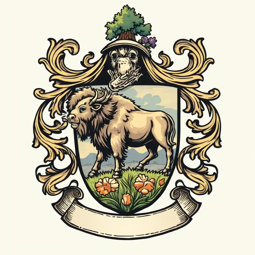 Family Crest Featuring Bison, Tree, and Flowers