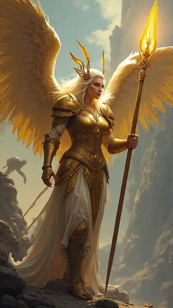 Epic Fantasy Illustration of a Valkyrie in Golden Armor