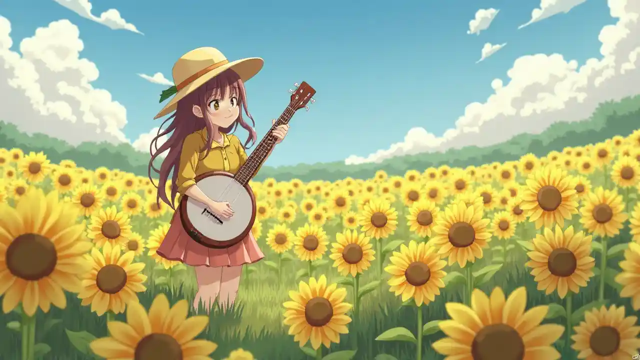 Anime Girl Strums Banjo Under Sunflower Skies