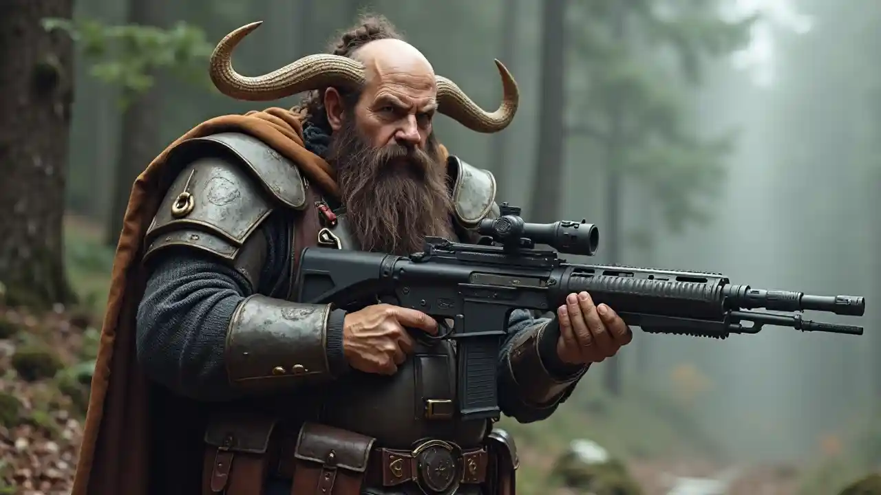 Dwarf Soldier in Horned Suit Holding a Gun
