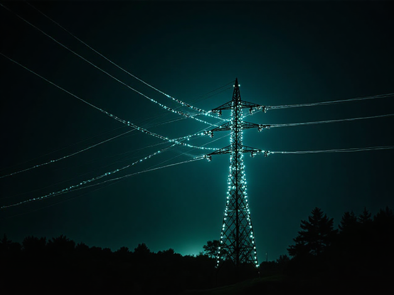 Líneas de transmisión de electricidad Teal contra fondo negro