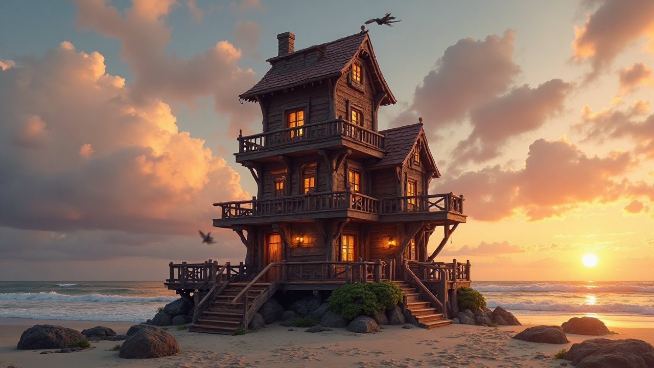 A Majestic Wooden Tower by the Sunset Beach