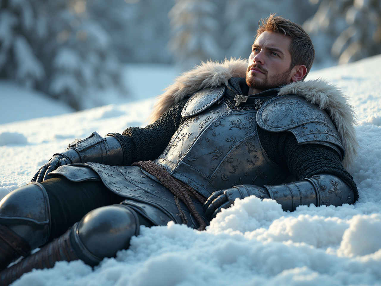 A Realistic Male Knight Reclining in Serene Snowy Landscape