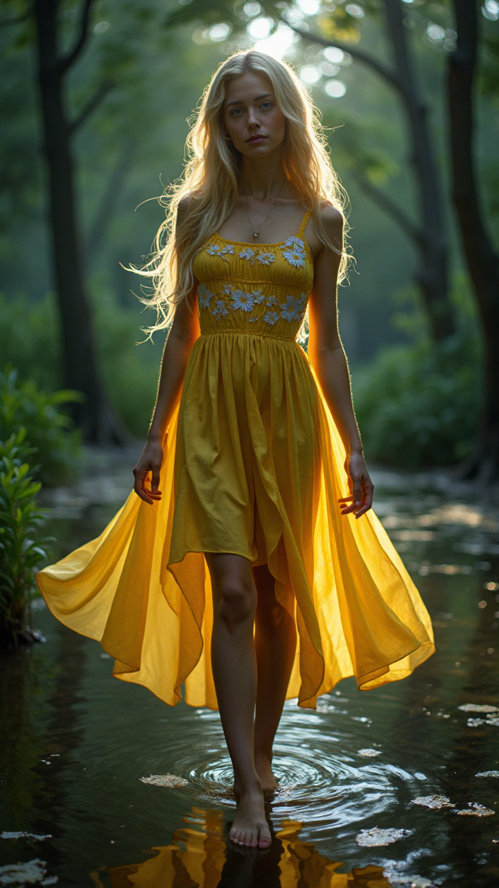 A Beautiful Young Woman in a Moonlit Swamp Environment