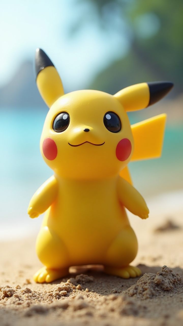 Pikachu Action Figure on a Beach Scene Outdoors