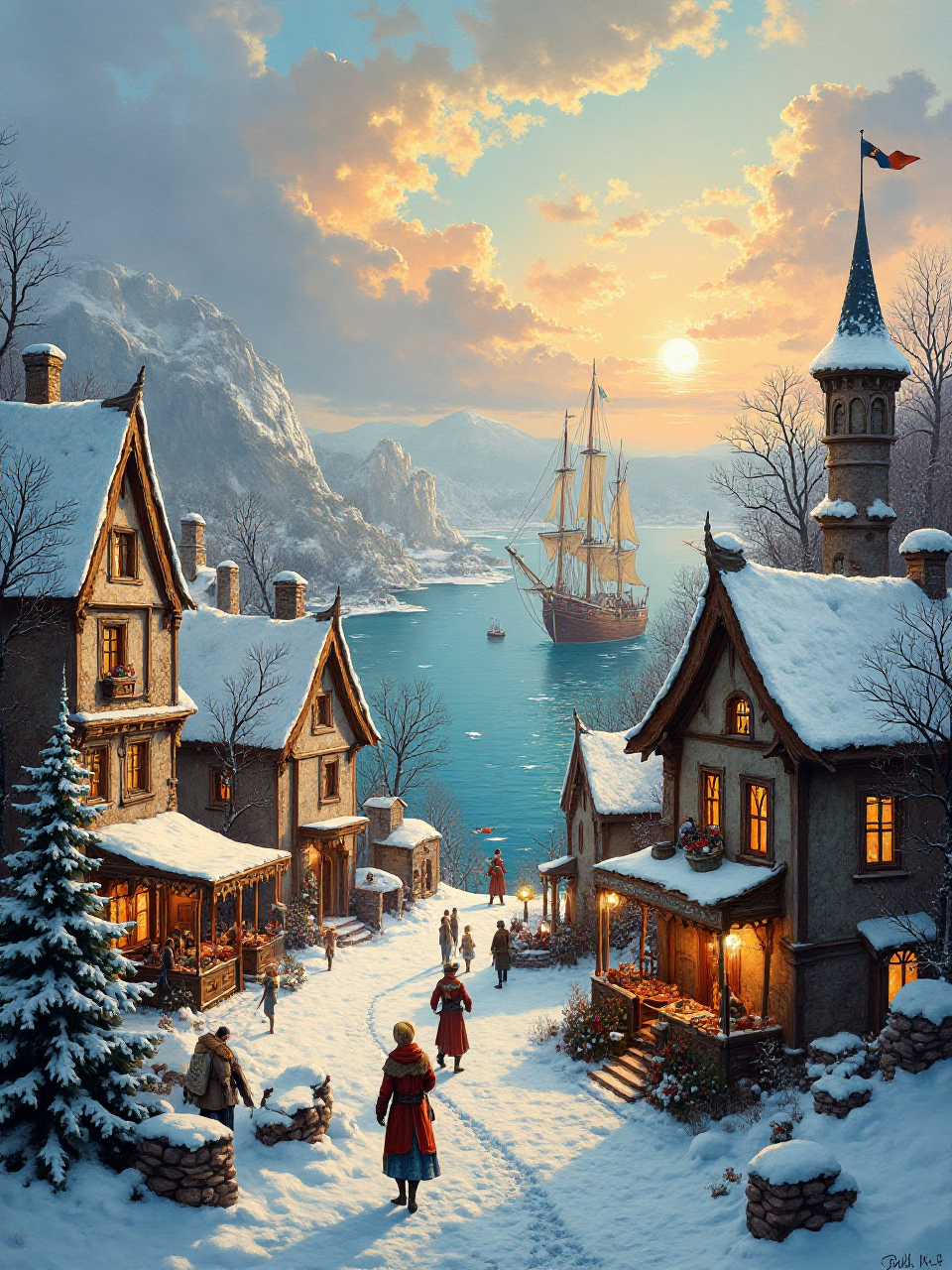 A Captivating Winter Scene in a Medieval Fantasy Town