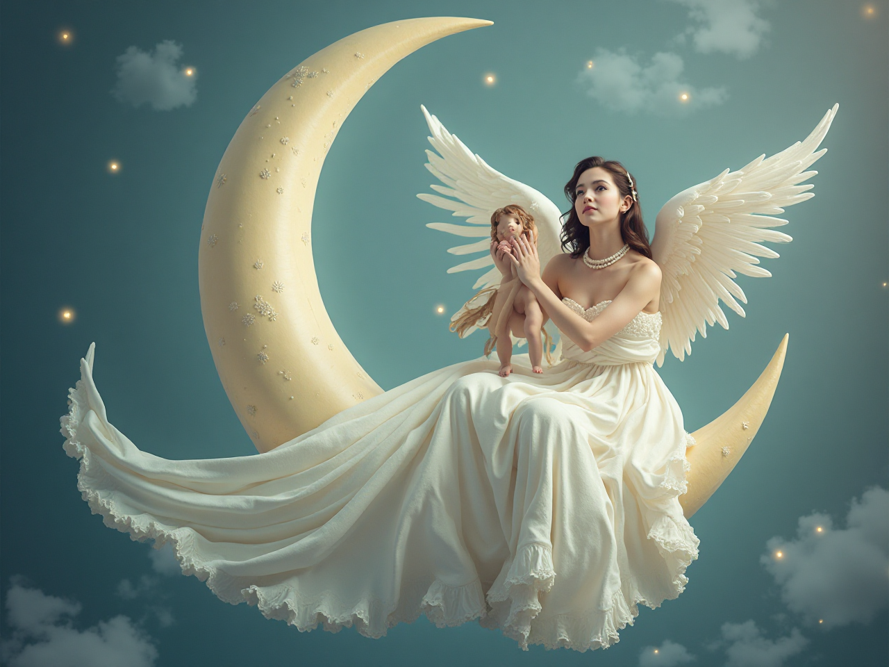 A Majestic Modern Angel Posed Gracefully on the Crescent Moon