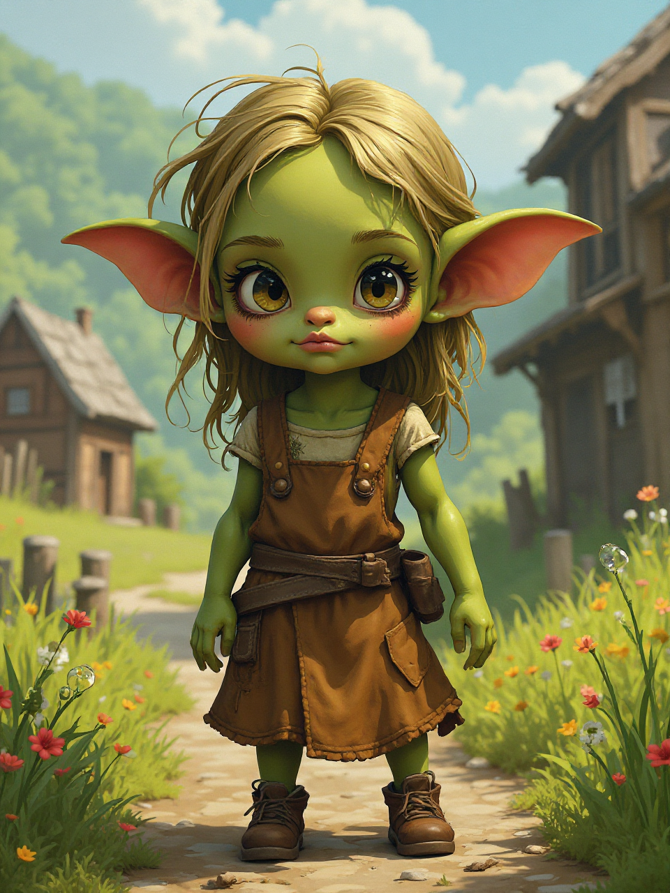 Charming Green-Skinned Goblin Girl on a Farm