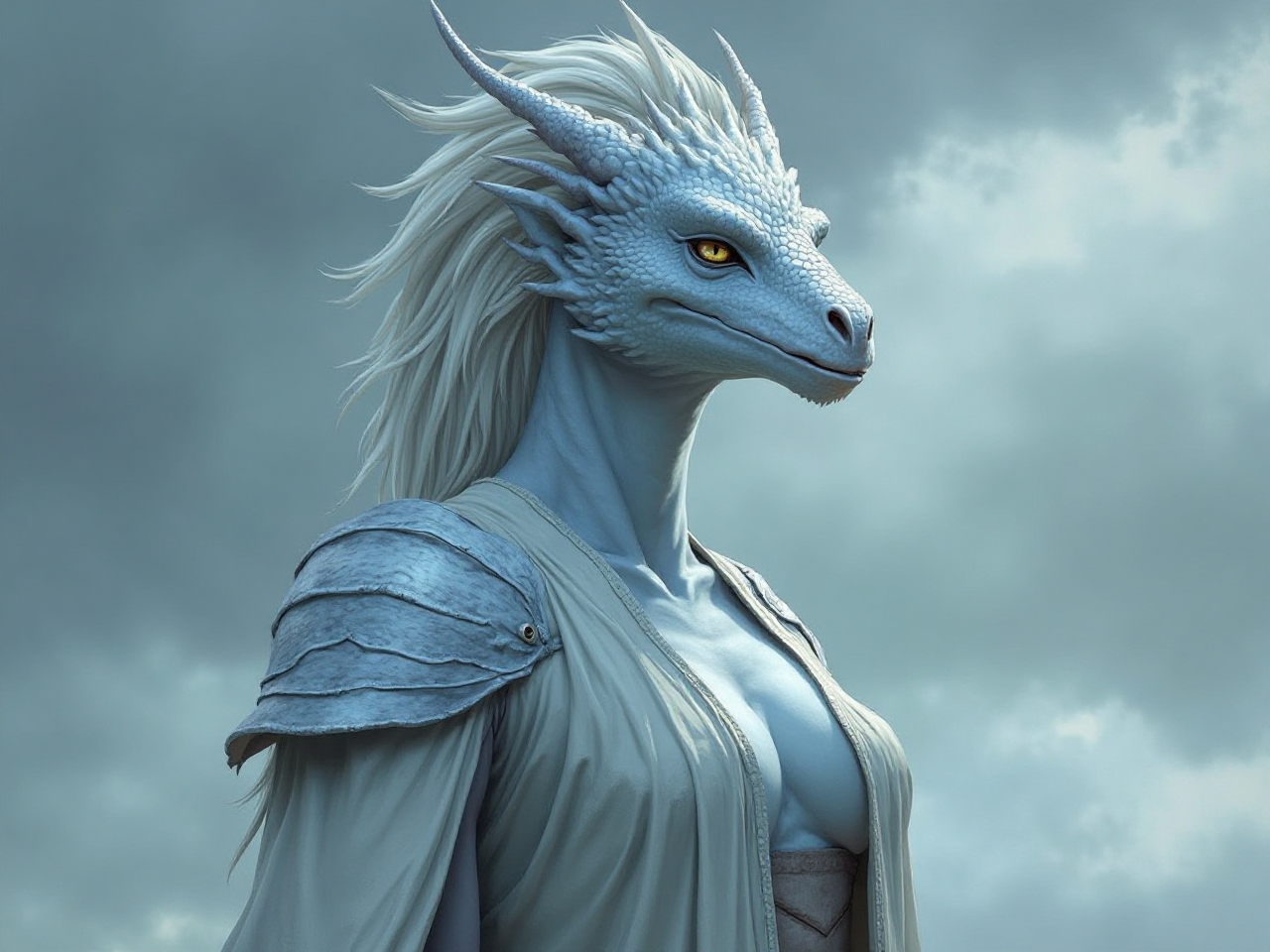 A Stunning Dragonborn Female with Pale Blue Scales