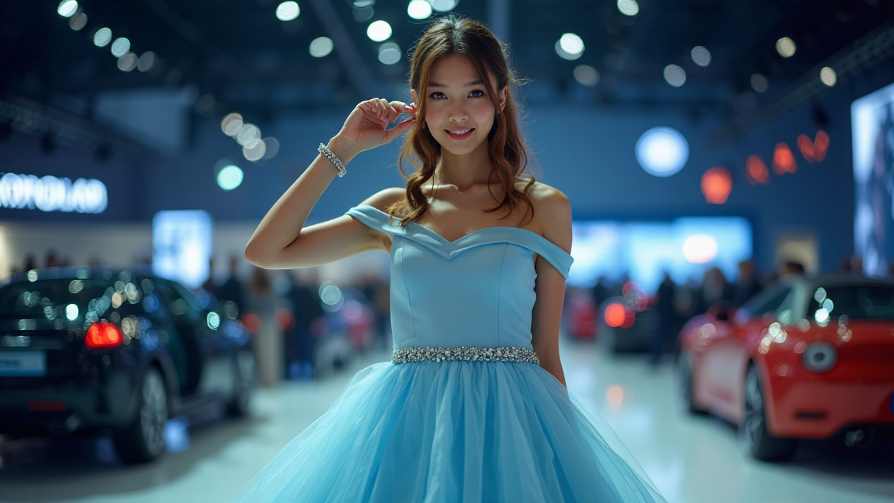 Elegant Young Model Showcasing Puffy Ballgown Dress at Car Show