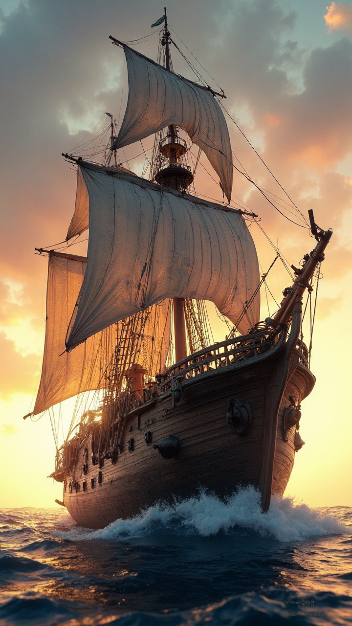 Breathtaking Hyper-Realistic Sailing Ship Depiction at Sunrise
