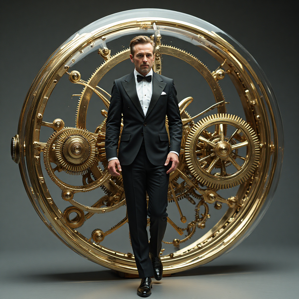 A Man in a Suit Inside an Antique Watch Gear System