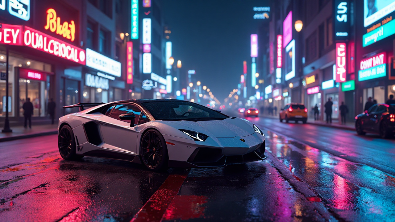 Aventador SVJ Rides Through a Cyberpunk Neon City