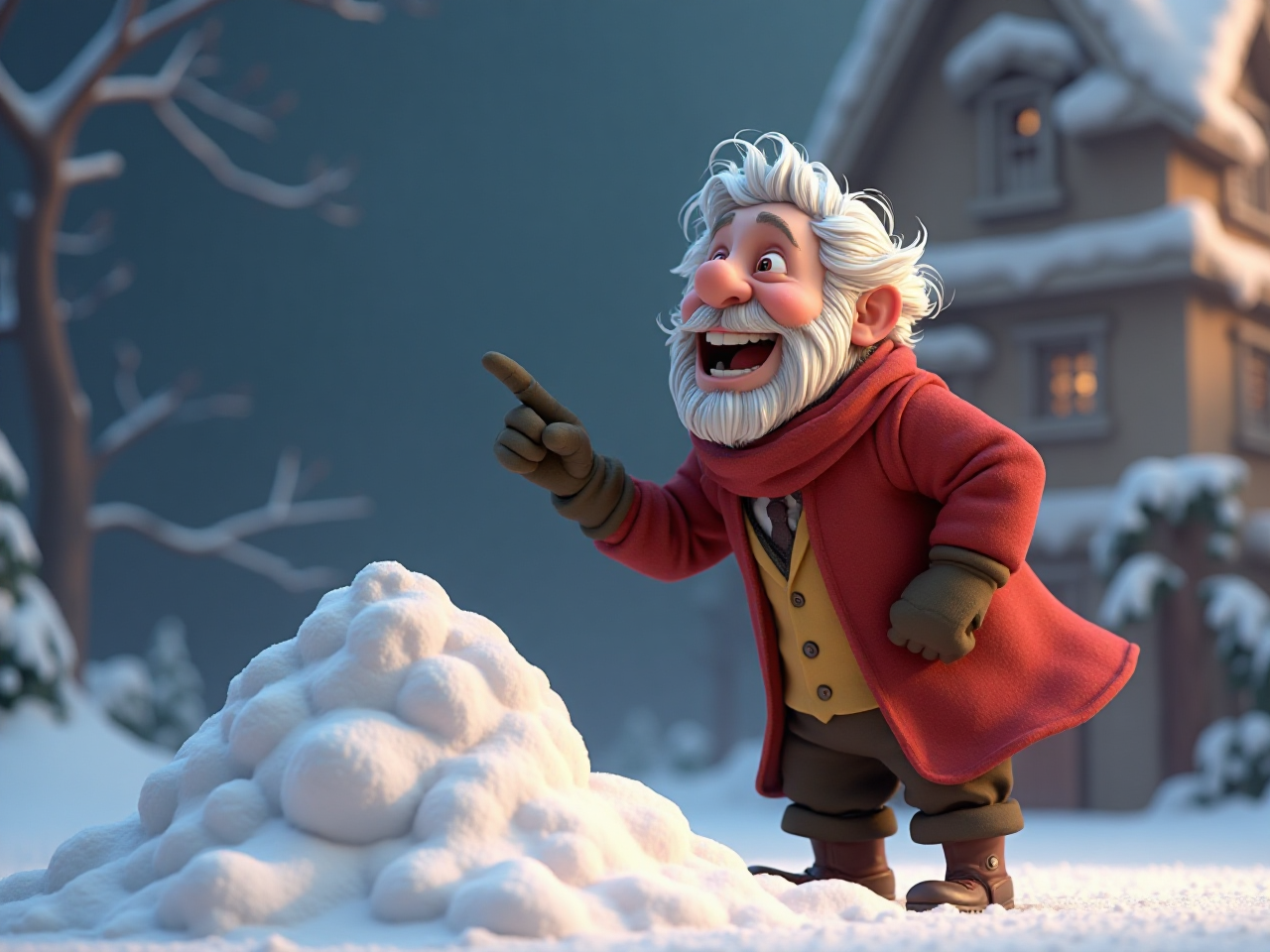 3D Animation of Scrooge Laughing at Snow Pile