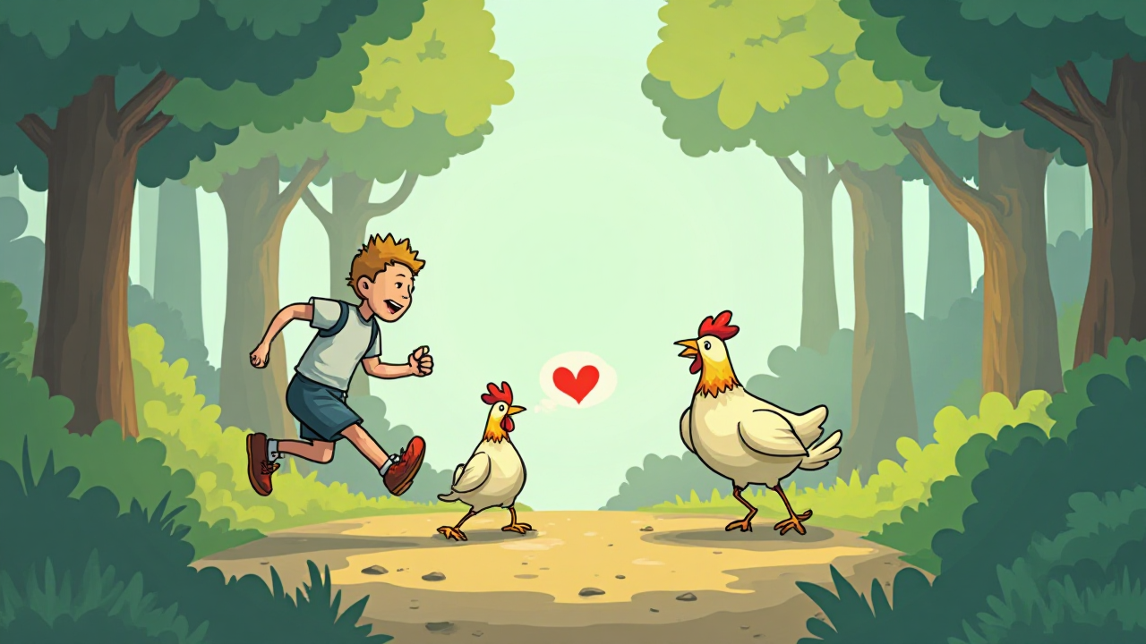 Runner and Chickens in a Playful Forest Scene