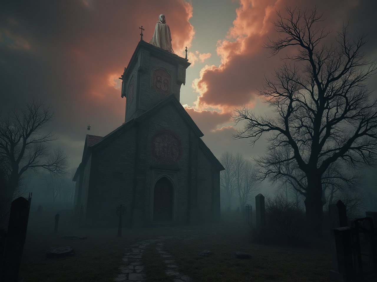 Ghostly Apparition Haunting Abandoned Gothic Church in Foggy Graveyard