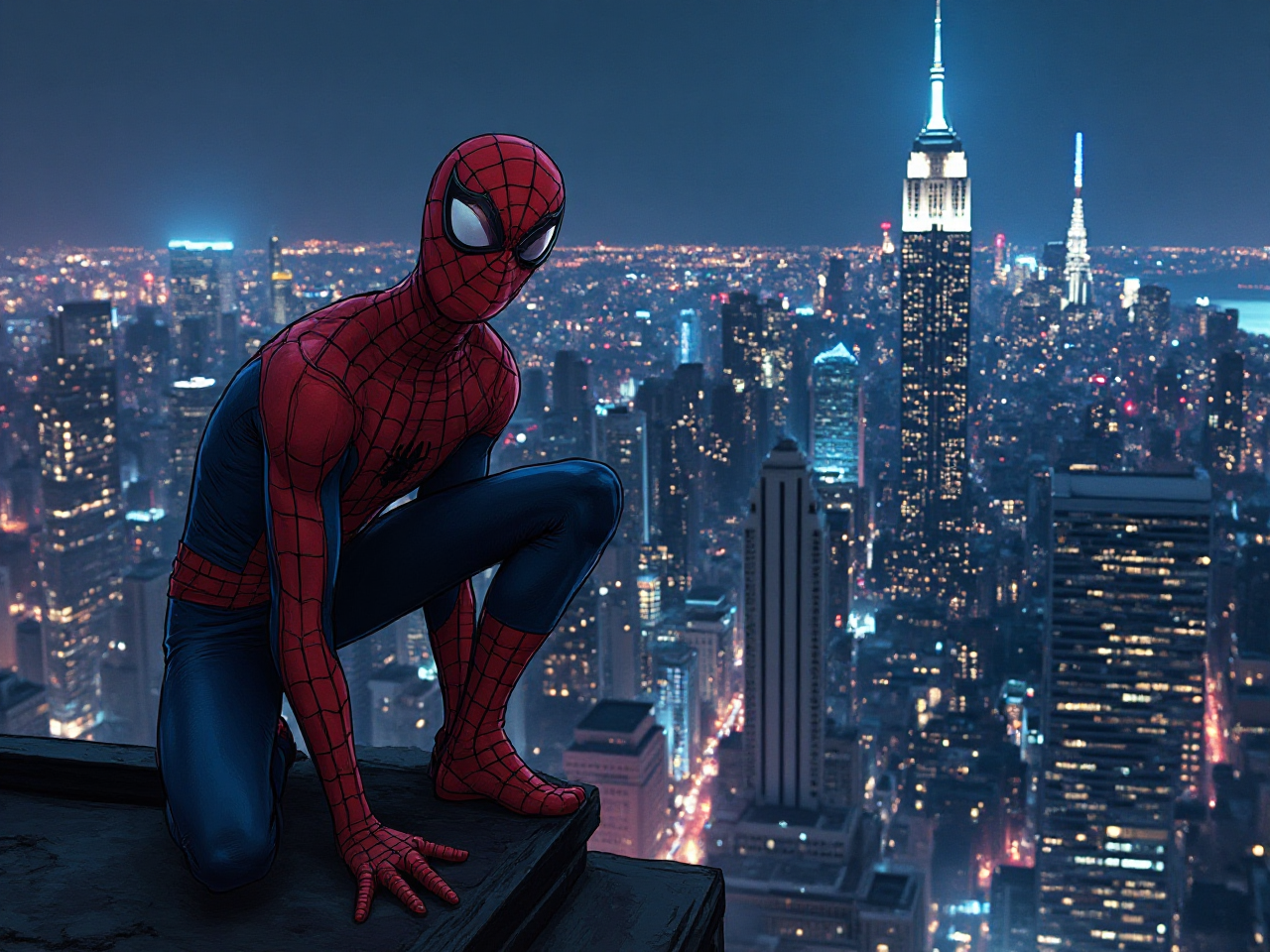 Spider-Man Observes the Neon City from High Above