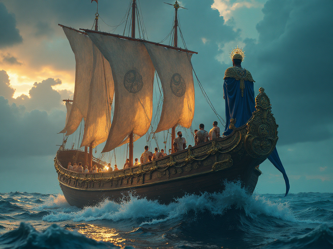 Majestic Divine Figure on Ancient Ship in Otherworldly Sea