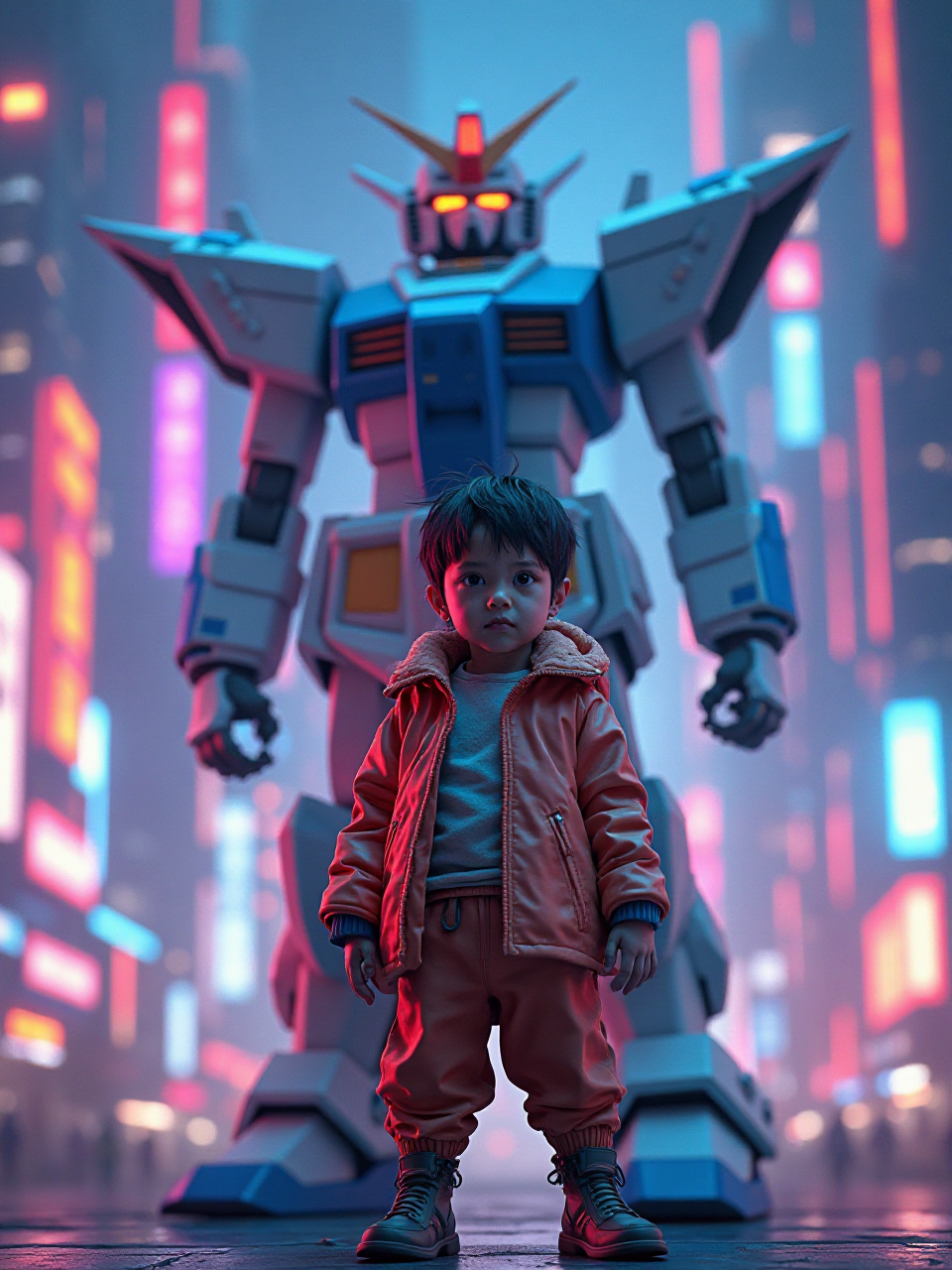 Vibrant Cyberpunk Child and Colossal Gundam in Neon City