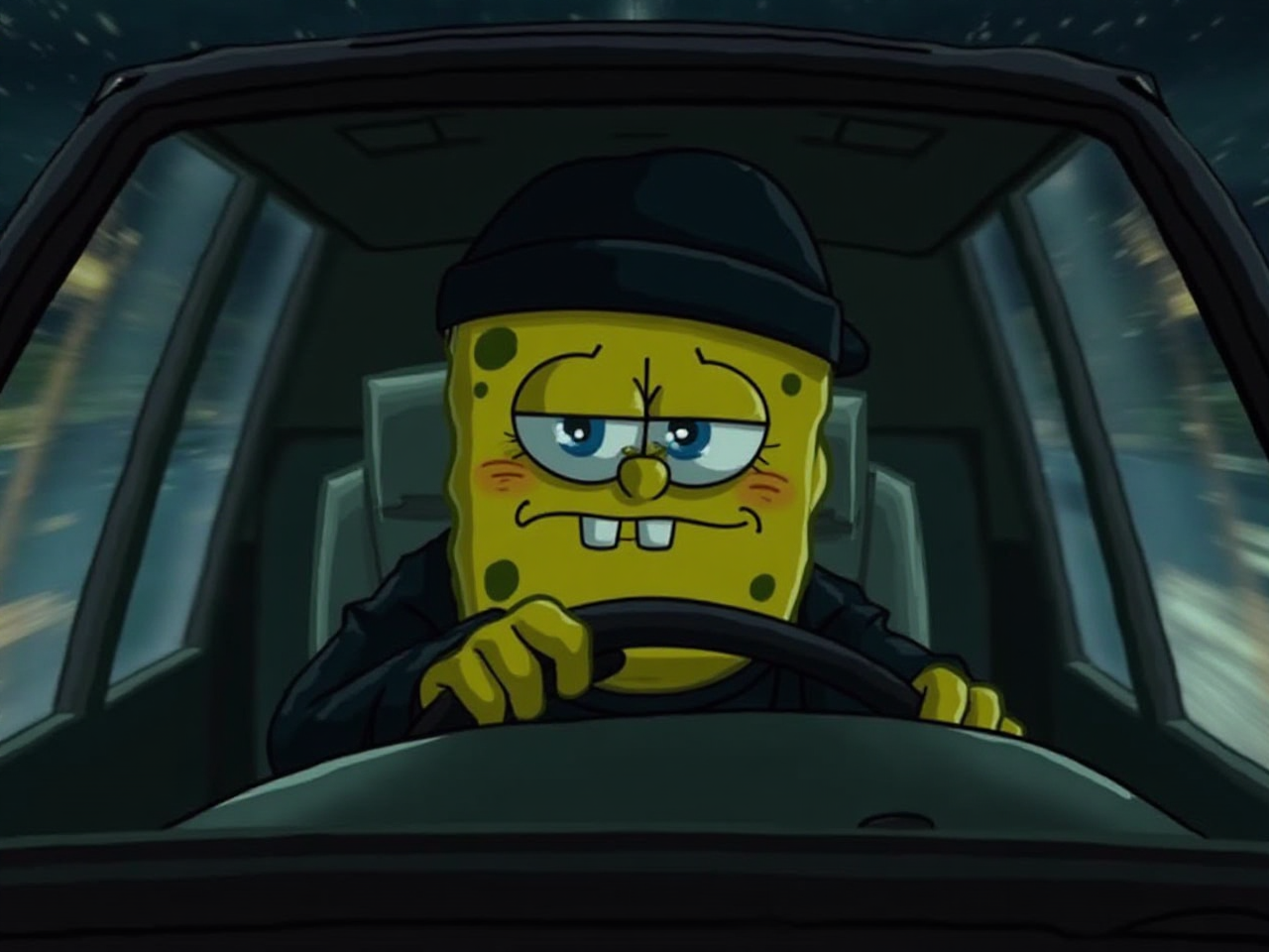 SpongeBob SquarePants Reimagined as a Thug in Nighttime Getaway