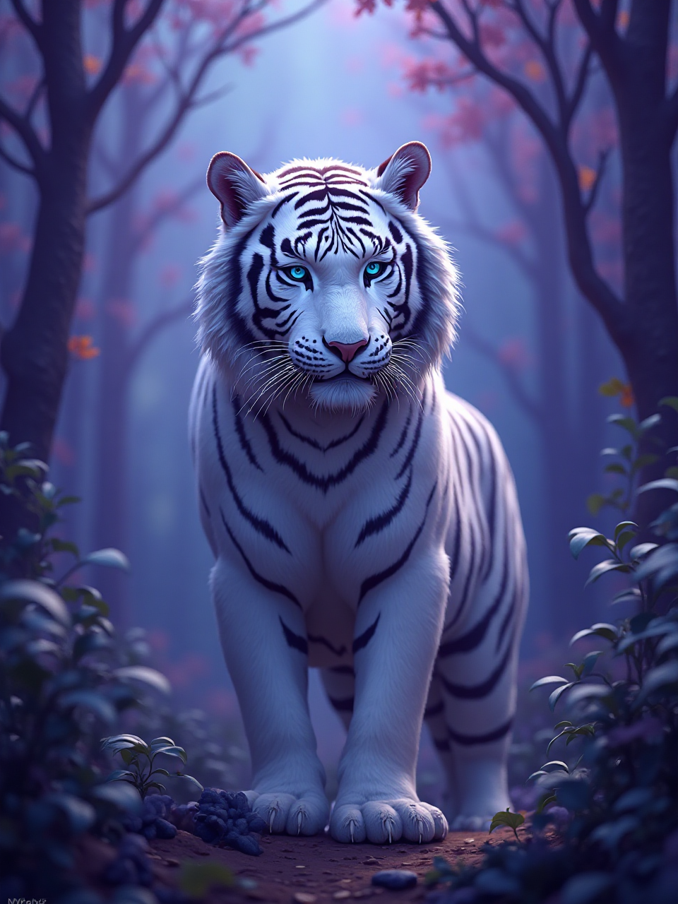 The Enigmatic White Tiger in a Purple Rainforest