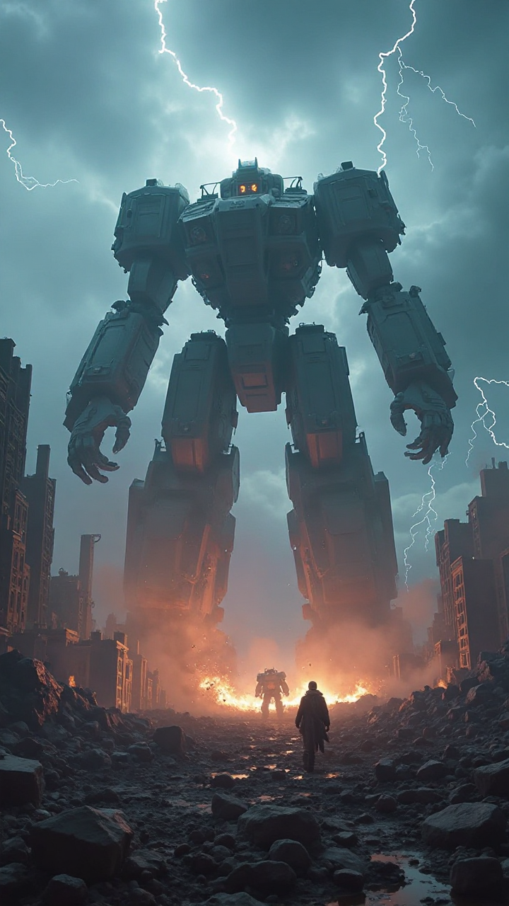 Giant Robots Invade a Ruined City Under Lightning