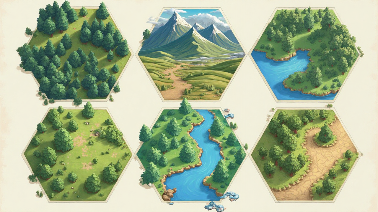 Exploring Concept Art of Hexagonal Terrain Cards for Board Games