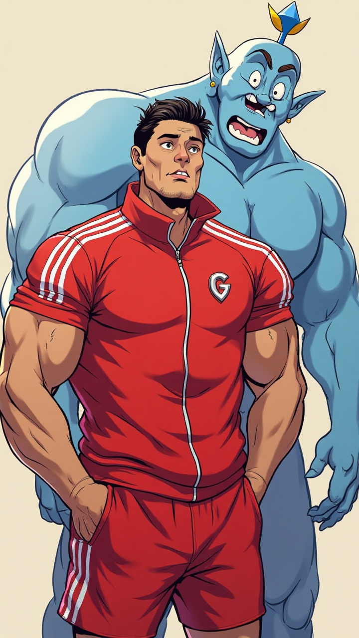 Shocked Coach and Smiling Genie in Anime Style Art