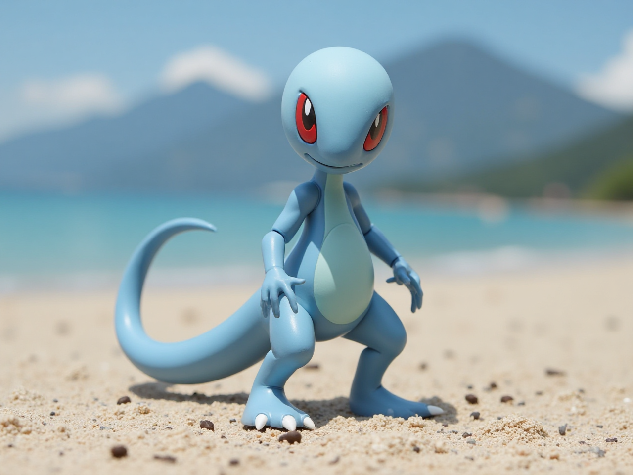Mewtwo Action Figure Displayed at a Beautiful Beach