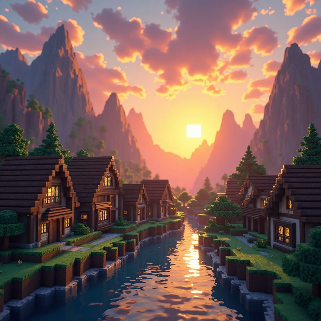 A Beautiful Blocky Minecraft Village at Sunset