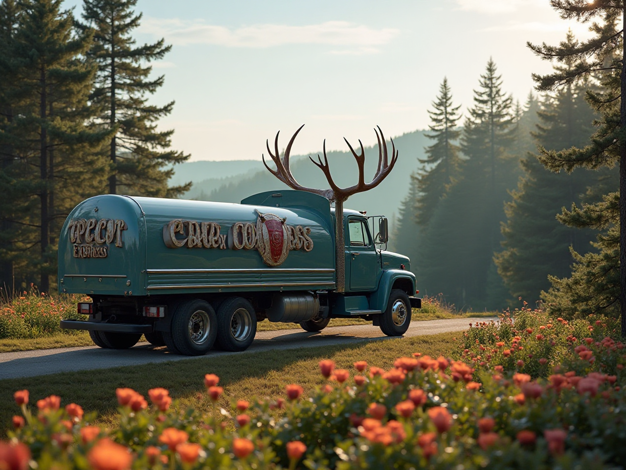 Majestic Cape Cod Express Truck with Antlers Overlooking Forest