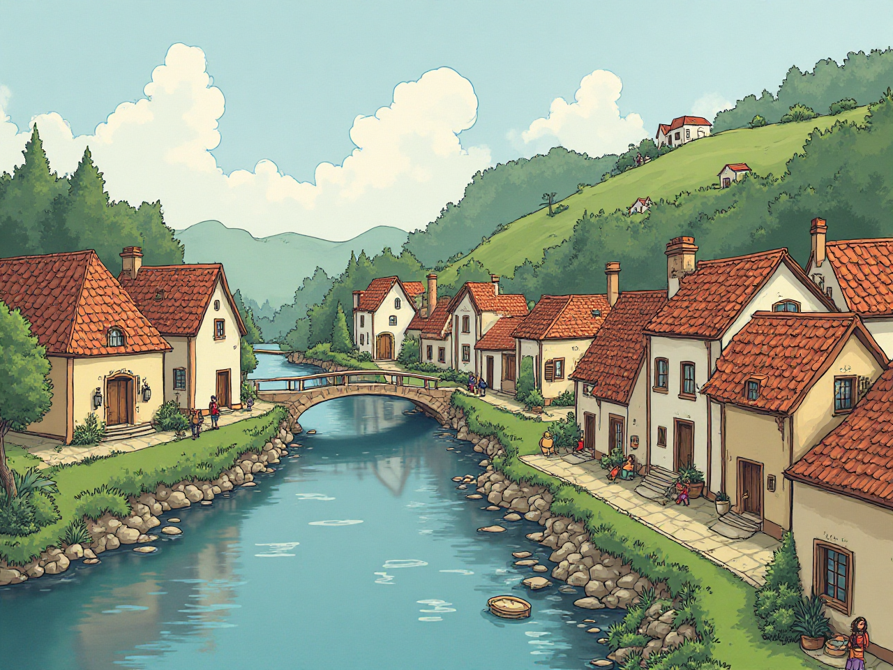 Charming Illustrated Scene of Village Life with River and Bridge