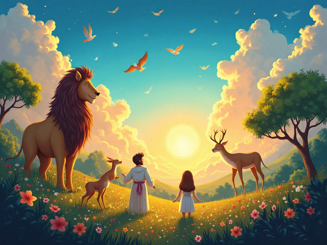 A Vibrant Illustration of the Sixth Day of Creation with Animals and Humans
