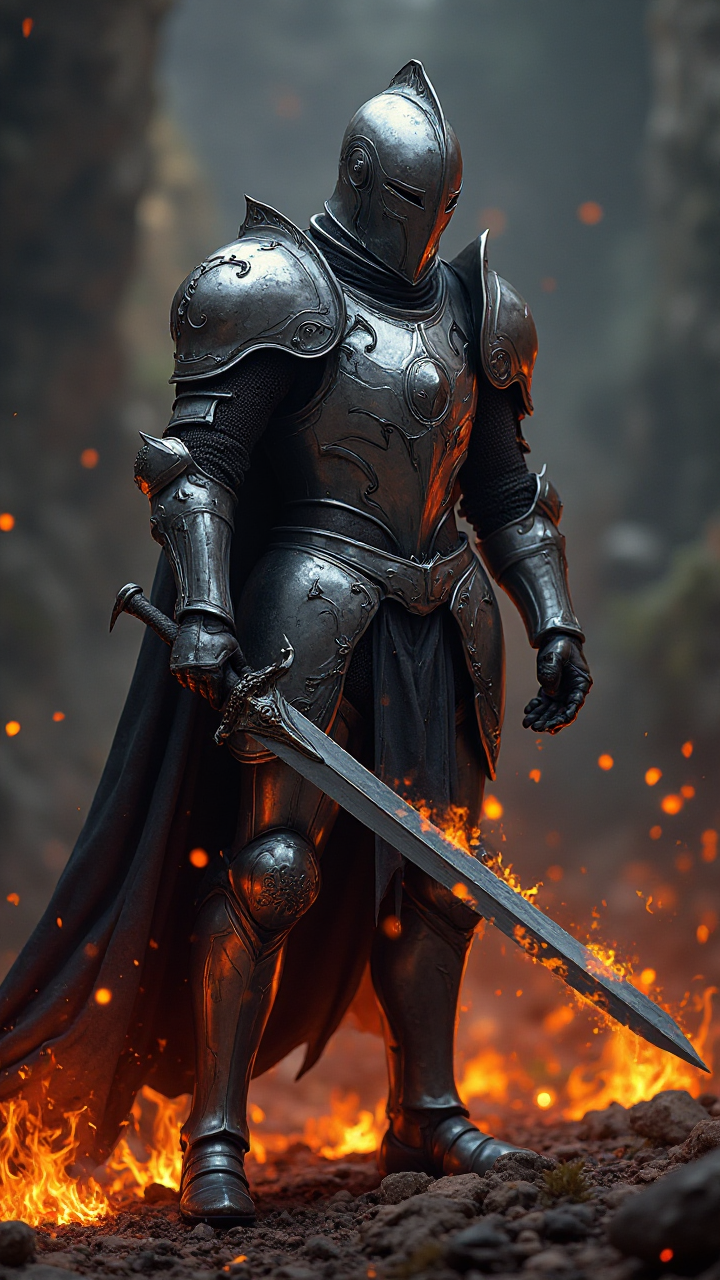 The Majestic Silver and Black Knight with Glowing Flames