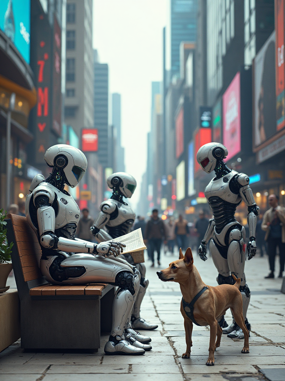 A Vibrant City Square with Futuristic Robots Interacting