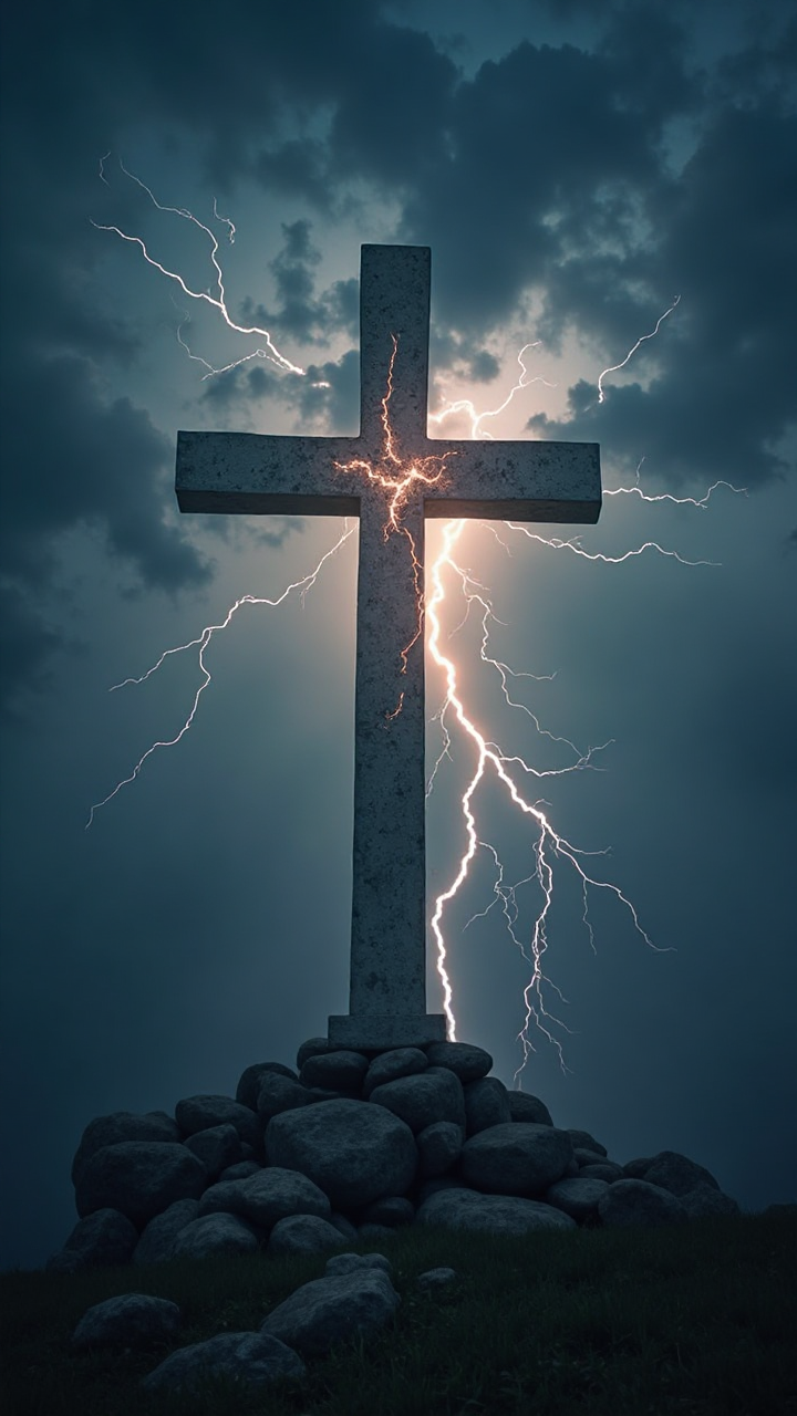 A Stunning Cross Erected Amidst a Thunderous Storm