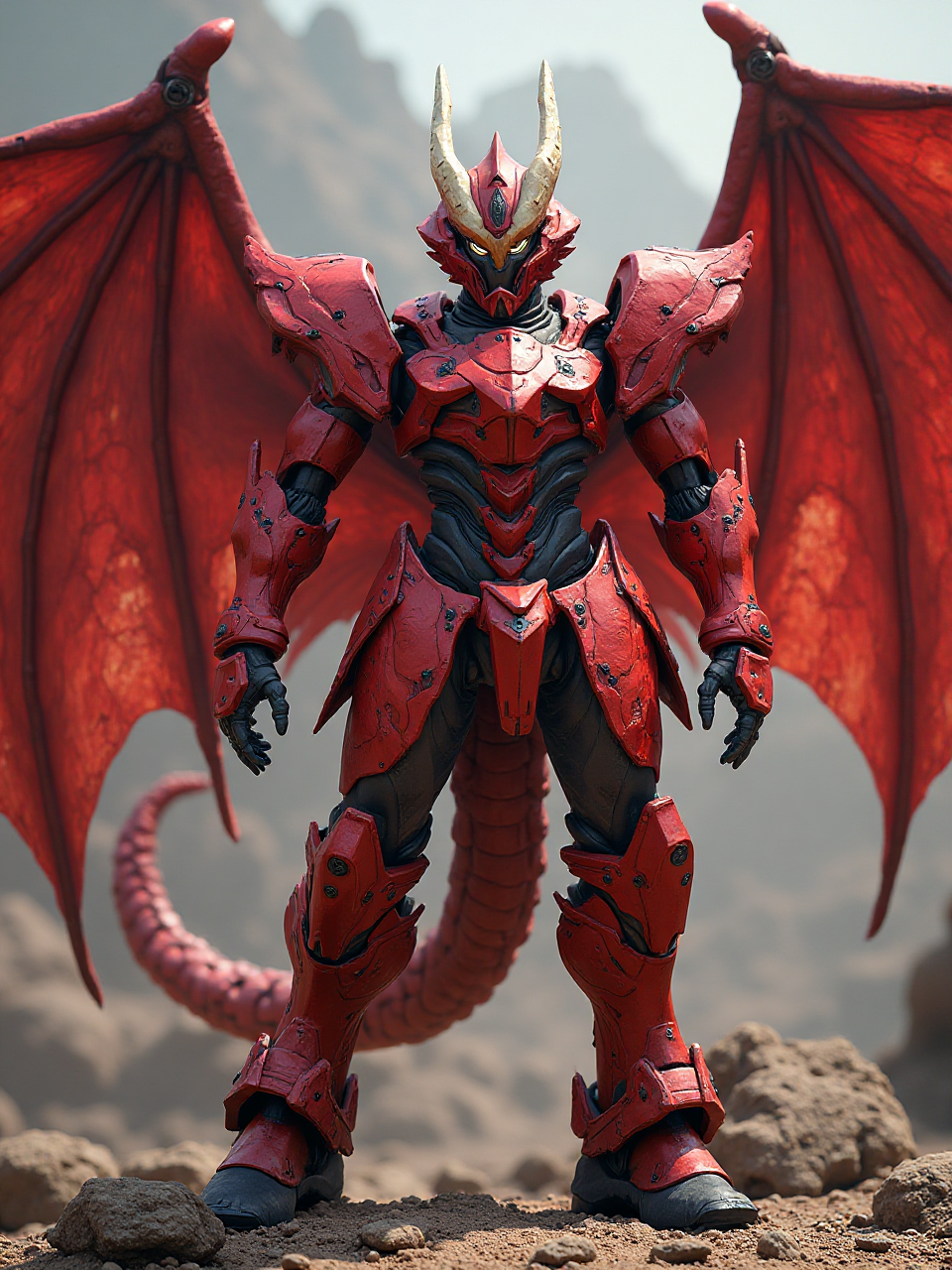 Majestic Red Dragonborn in Gundam Style Armor with Wings