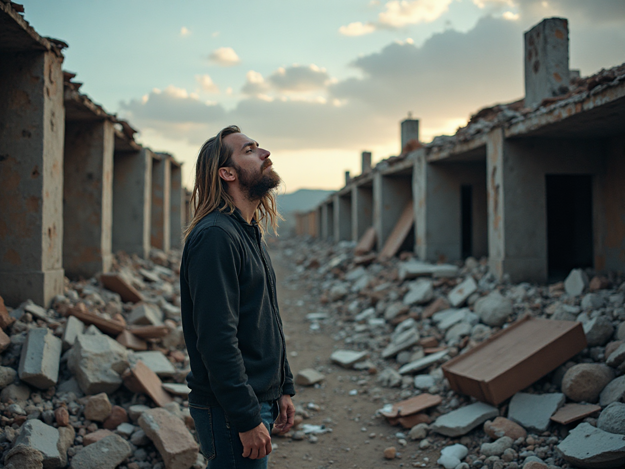 A Person Mourning at a Desolate Demolished Place