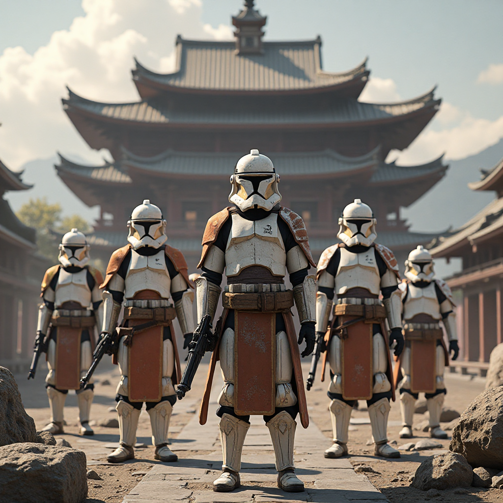 Epic Scene of Samurai Clone Troopers at Japanese Temple