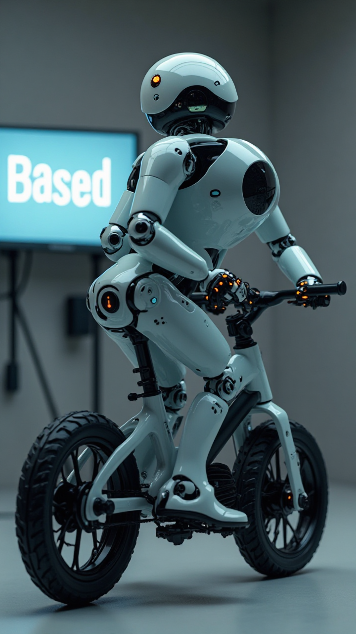 Robot Riding a Bicycle Connected to Computer Displaying 'Based'
