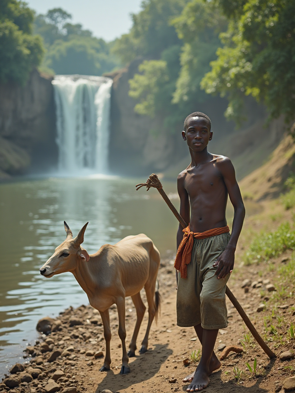 A Young Ethiopian Boy Caring for Cattle by the River