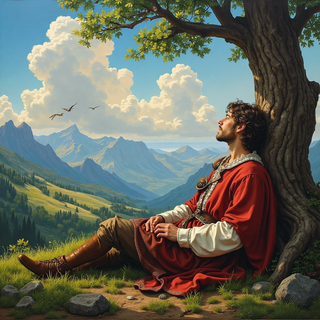 Realistic Medieval Landscape Oil Painting of a Dreamy Scene