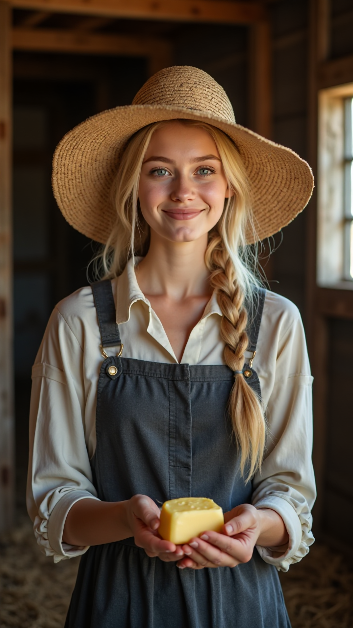 Một phụ nữ trẻ Amish xinh đẹp trong một khung cảnh chuồng trại theo ...