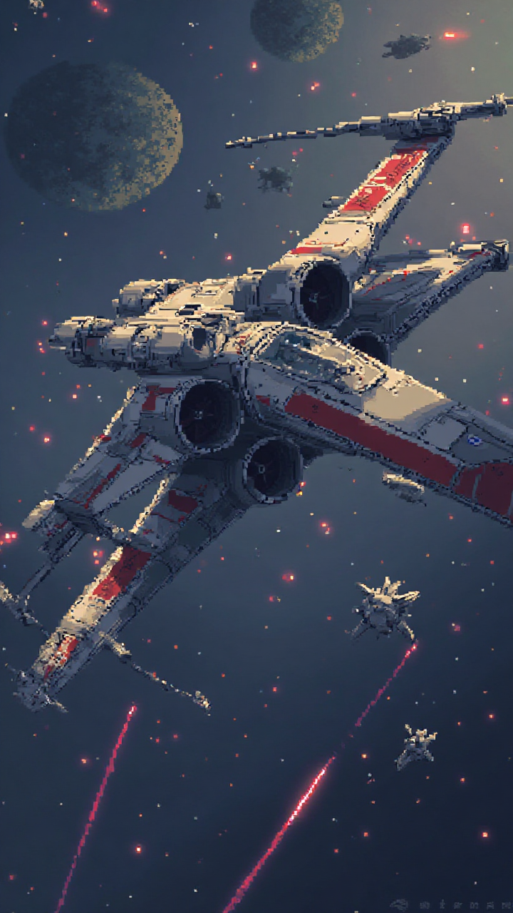 Detailed Pixel Art of X-Wing Flying into Battle