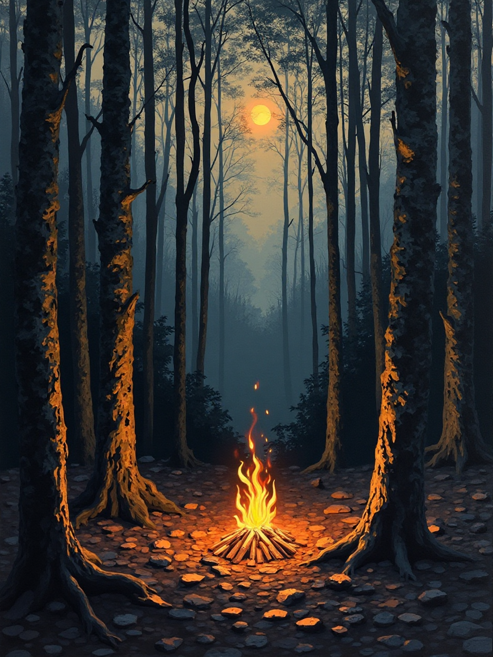 A Mystical Forest Scene with Paper and Embers