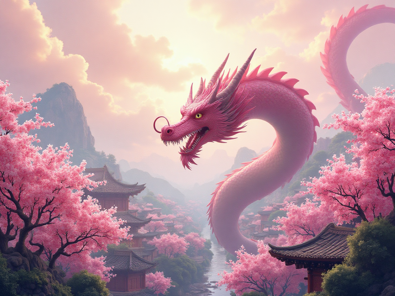 Majestic Pink Dragon Soaring Above Ancient Town