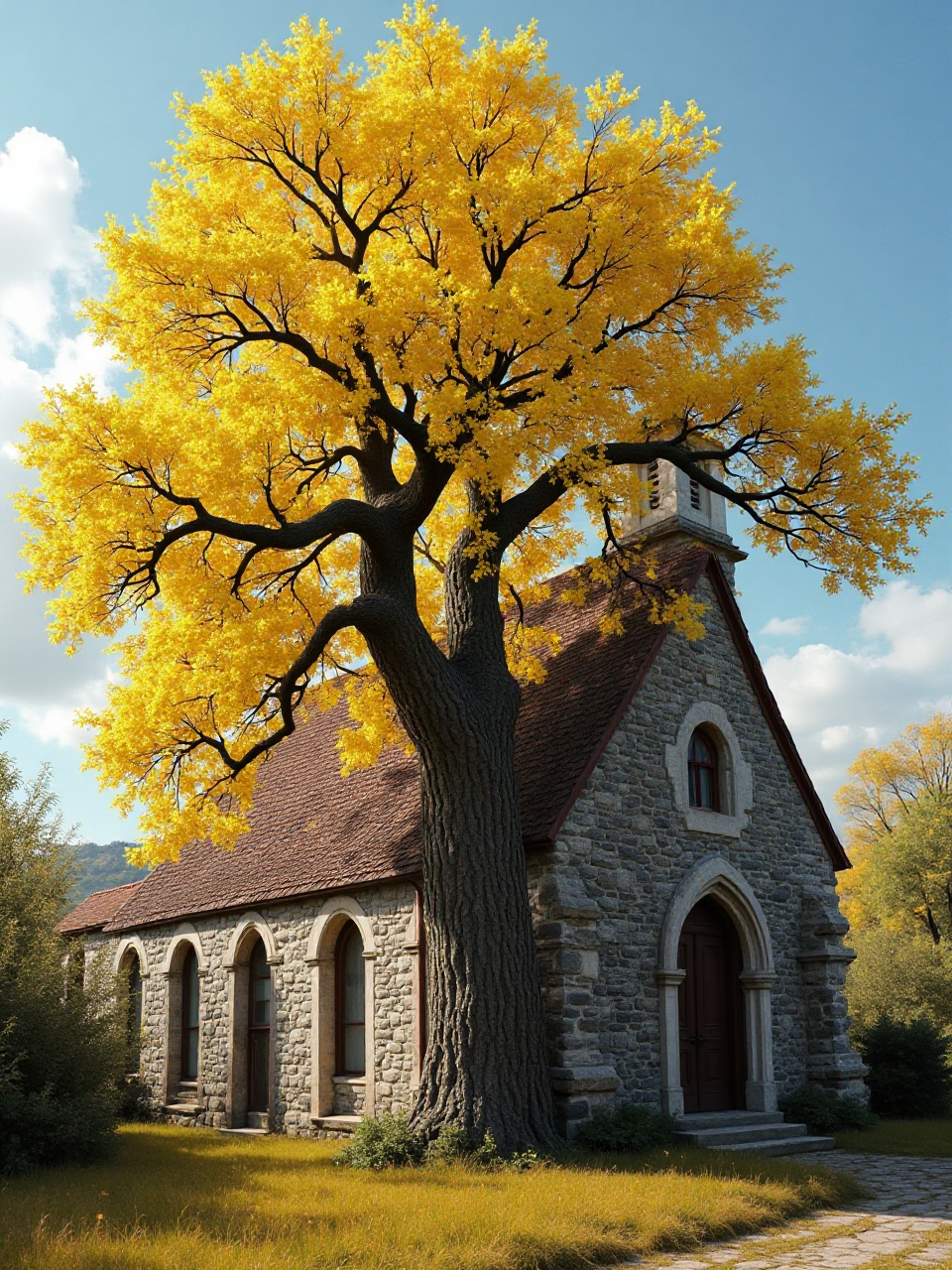 Capturing the Majestic Beauty of a Mustard Tree by an Old Church