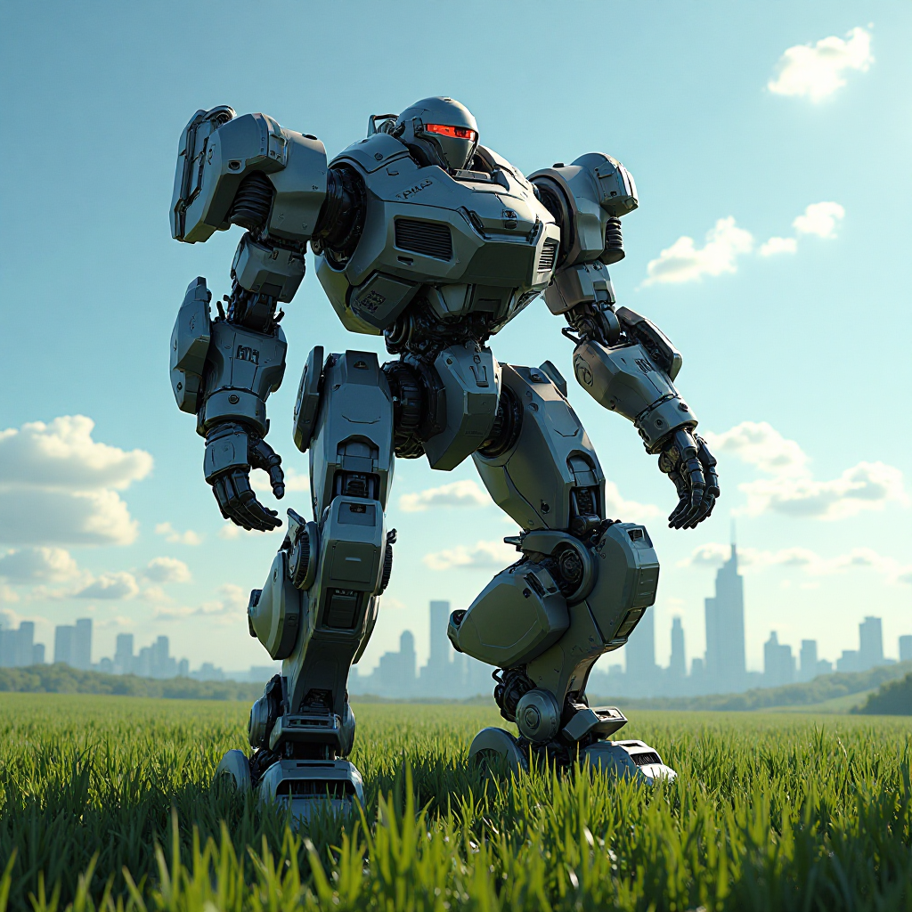 Robot de combat dans le vaste champ vert sous le ciel bleu