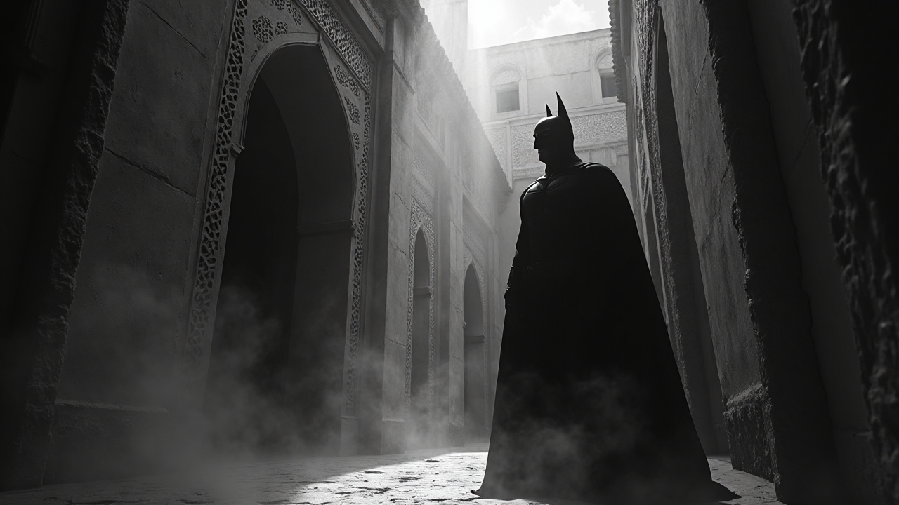 A Surreal Greyscale Portrait of Batman in Medieval Islamic Cairo
