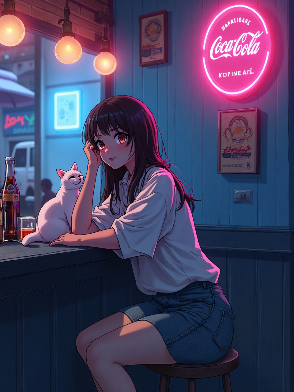 A Retro Anime Scene with a Japanese Woman and Cat